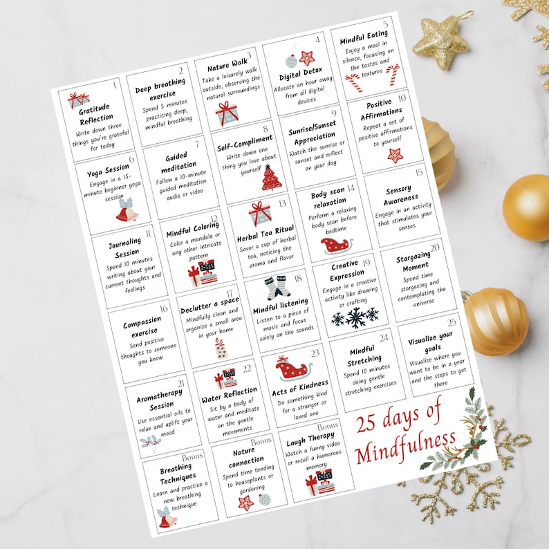 Printable Mindfulness Advent Calendar, 25 Days of Mindfulness - Etsy