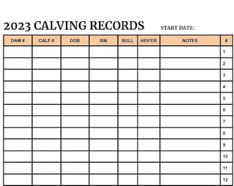 Calving Record Sheet. Calf Planner. Cattle Ranch. Planner for Records. Rancher. Farmer. Cows ...
