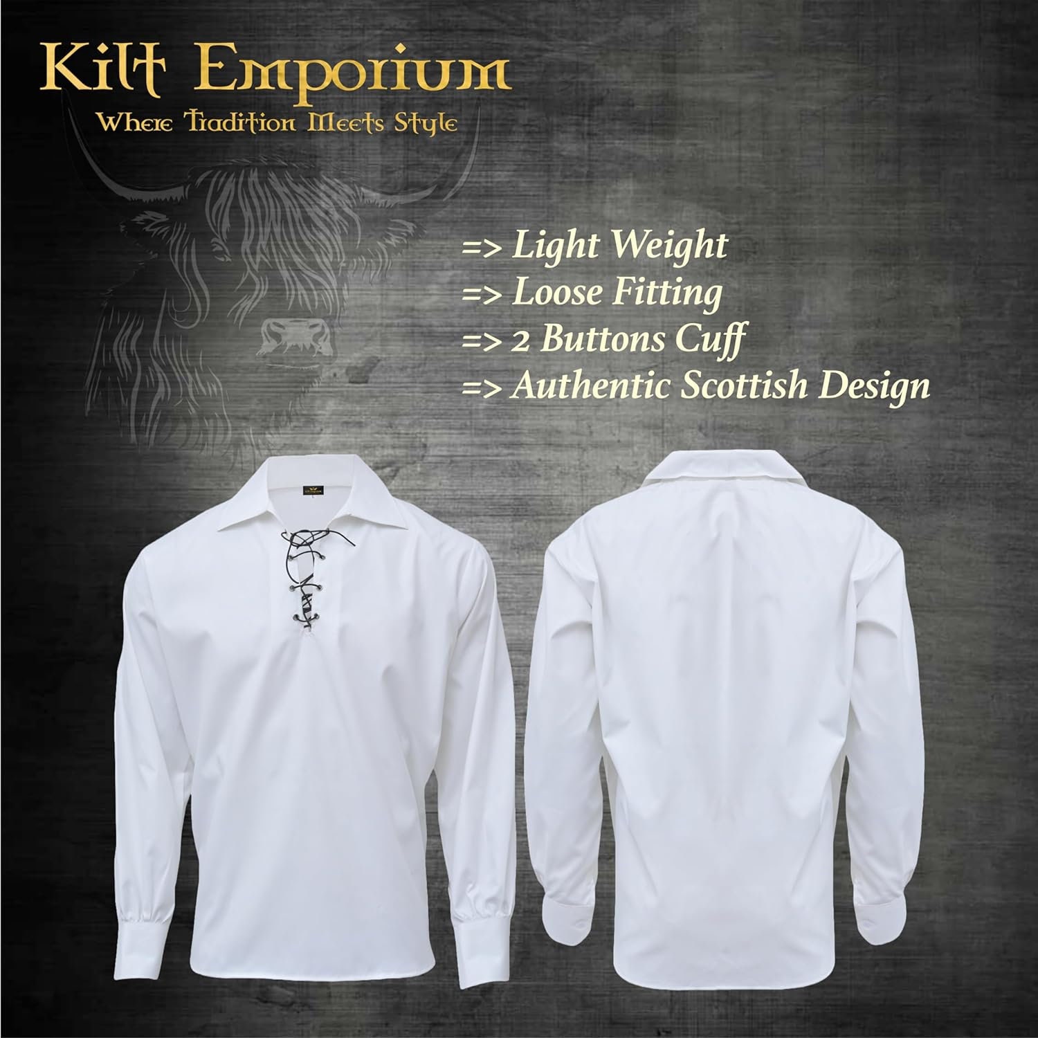 Men's White Jacobite Ghillie Shirt Scottish Pirate Costume, Long Sleeve ...