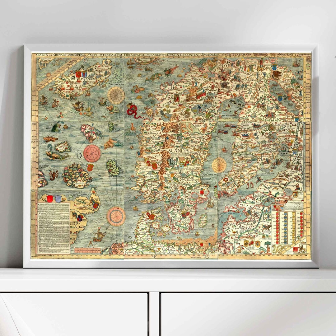 Vintage Scandinavian Sea Map Print | Olaus Magnus Carta Marina 1539 ...