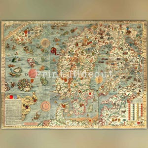 Vintage Scandinavian Sea Map Print | Olaus Magnus Carta Marina 1539 ...