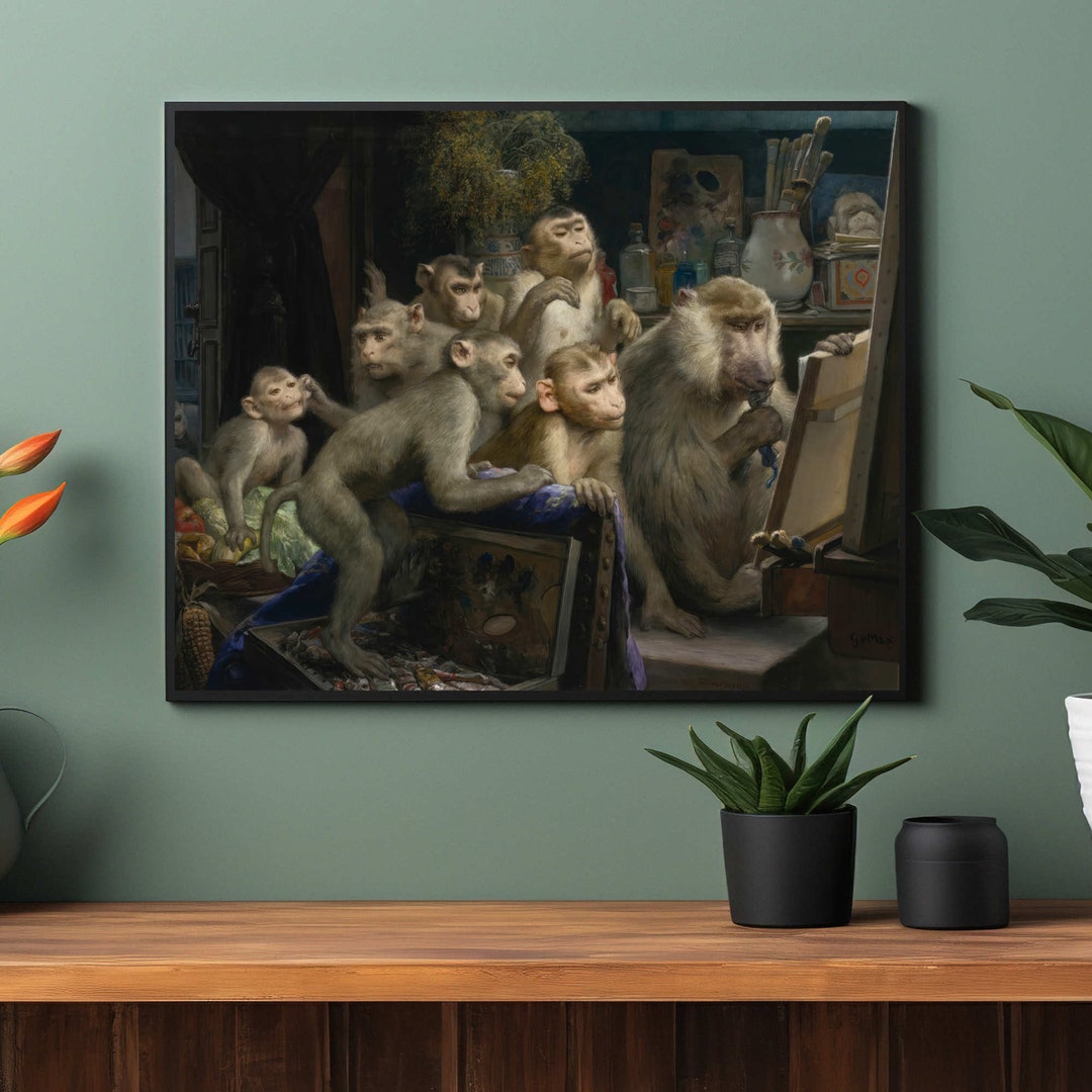 Vintage Monkey Art: Curious Monkeys Watching a Monkey Painting Original ...