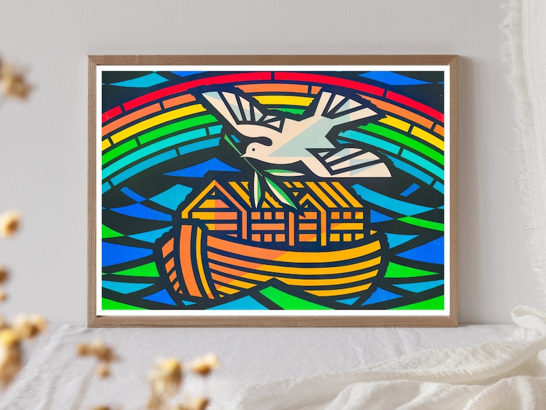 Noah's Ark Painting| Vintage Stained Glass Style Art |religious Modern ...