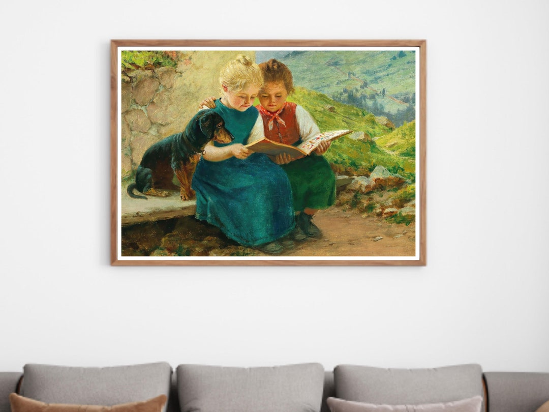 Children Reading a Book | Nursery Decoration | Vintage Painting ...