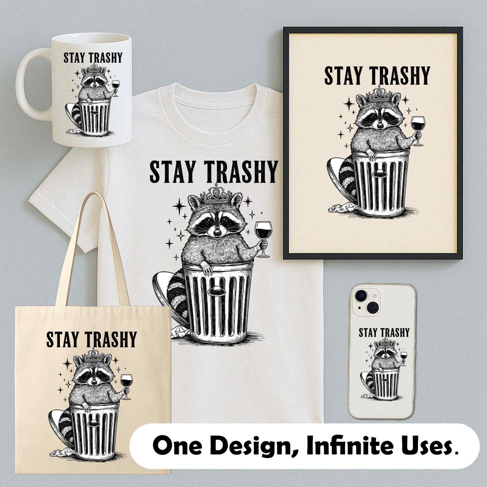 Stay Trashy Raccoon PNG | Trash Panda Clipart | Crown Raccoon Art ...
