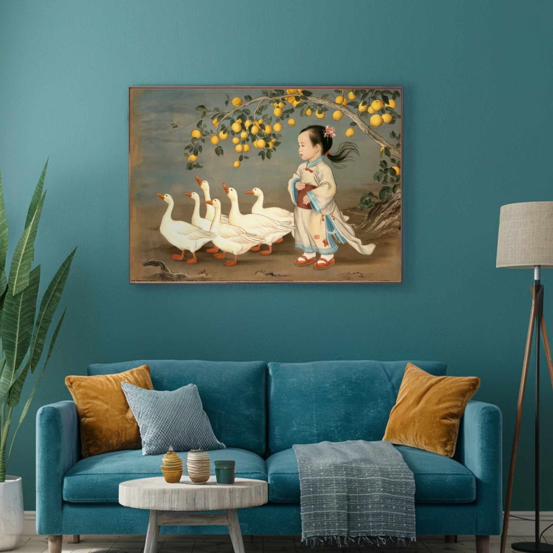 Chinese Girl, Geese and Lemon Tree Art, Instant Download Print, Vintage ...