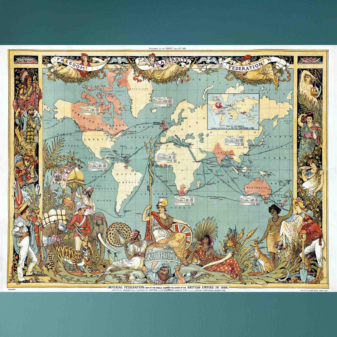 1886 British Empire World Map - Walter Crane Historical Print - Queen ...