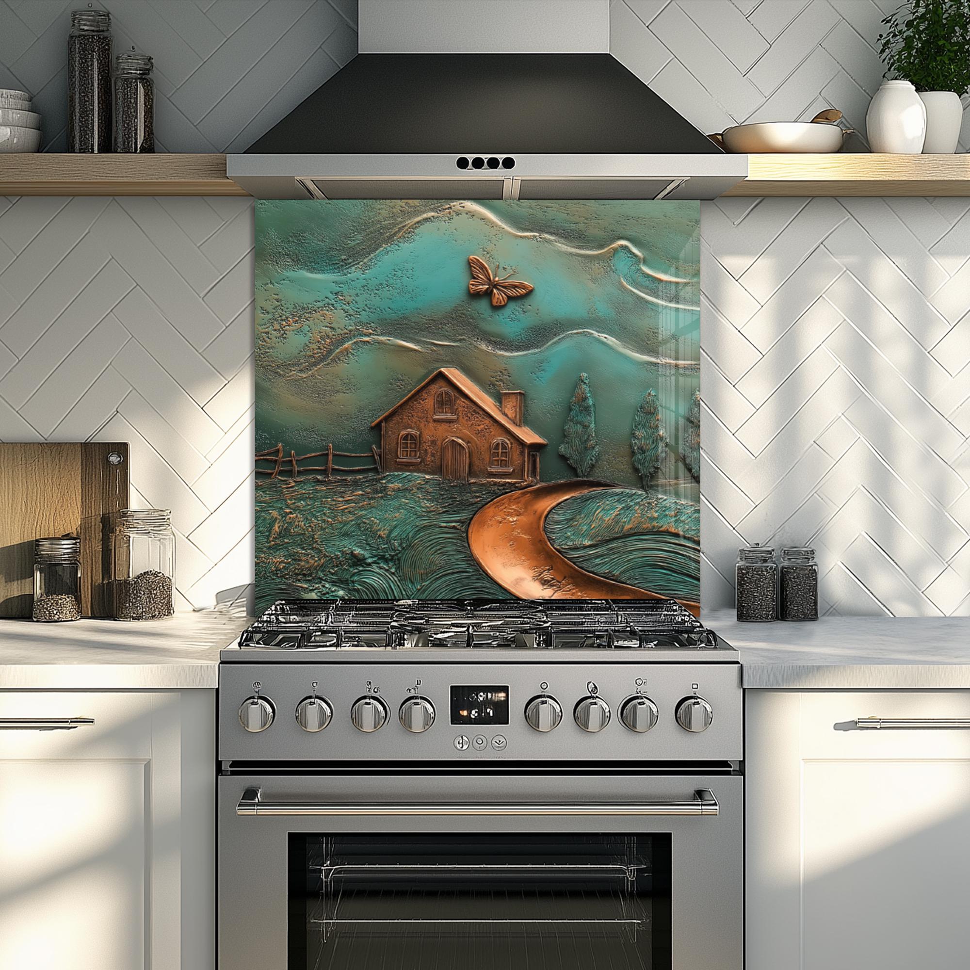 Farmhouse Cottage Tree of Life Backsplash, Rustic Landscape Glass Panel ...