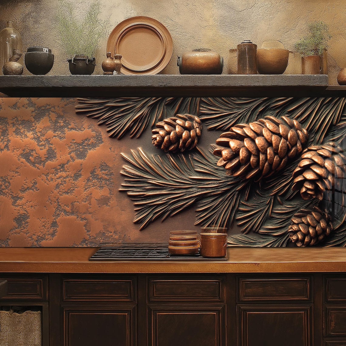 Copper Pine Cone Kitchen Backsplash, Tempered Glass Stove Backsplash ...