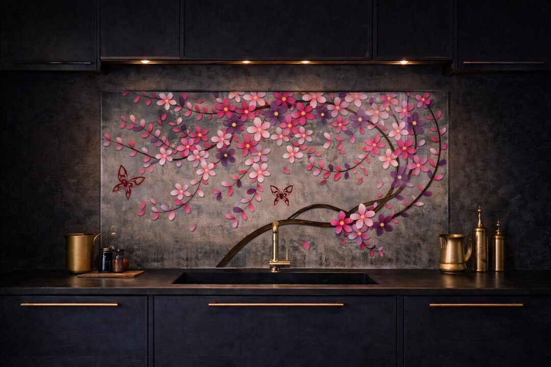 Tempered Glass Splashback ,pink Cherry Blossom Glass Backsplash Panel ...