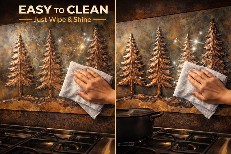 Rustic Copper Kitchen Backsplash, Forest Tree Glass Panel, Tempered ...