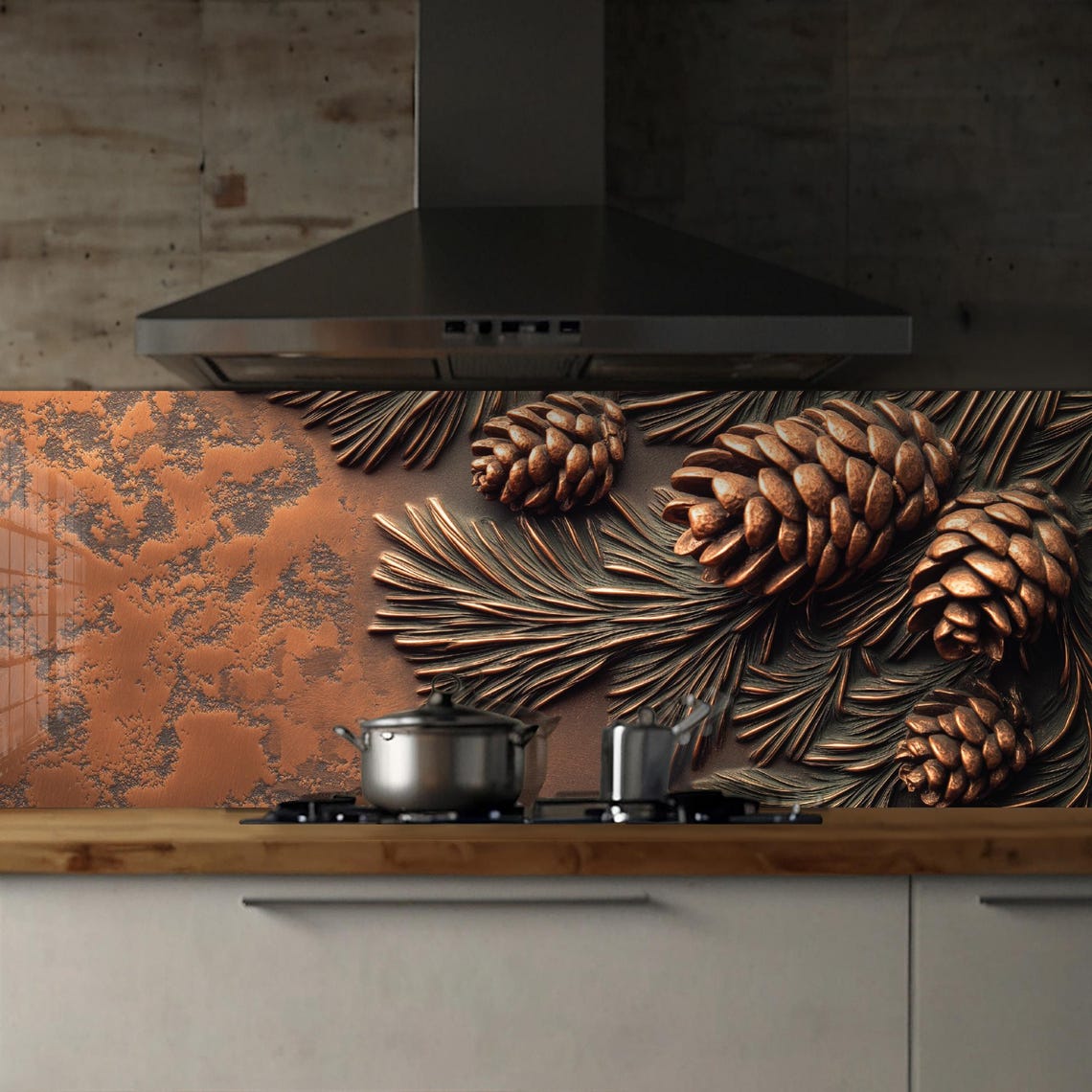Copper Pine Cone Kitchen Backsplash, Tempered Glass Stove Backsplash ...