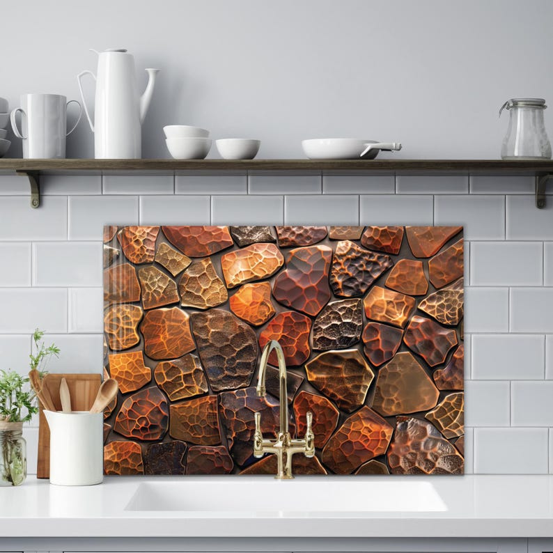 Copper Stone Kitchen Backsplash Tempered Glass, Rustic Bronze Mosaic ...