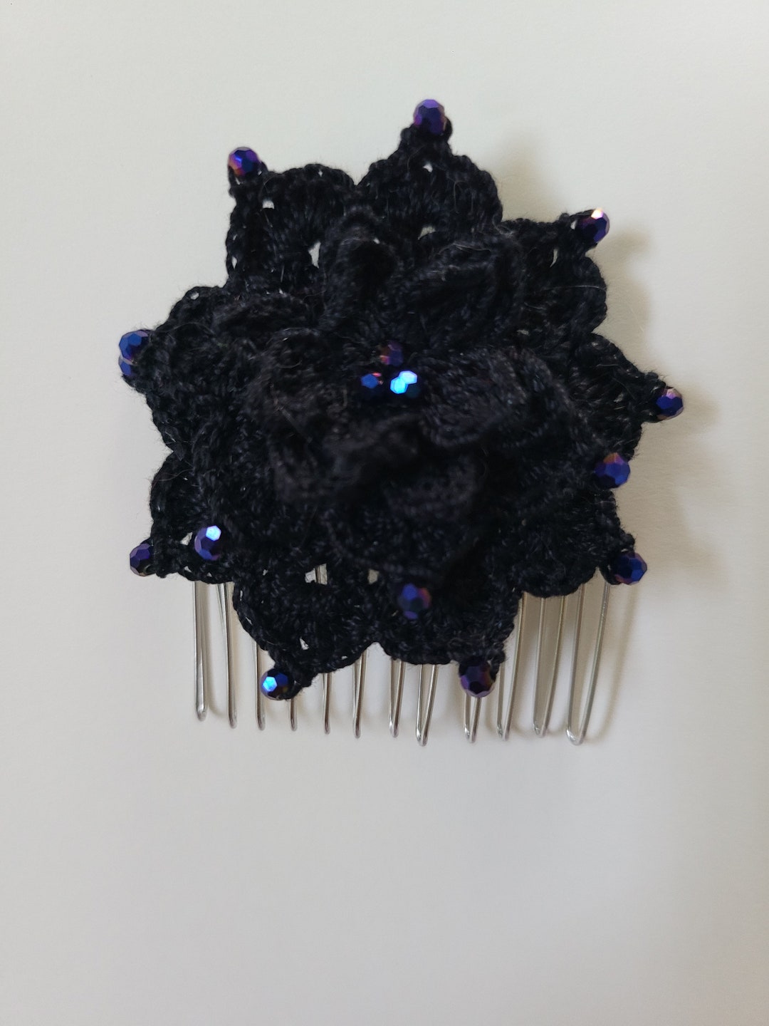 Black and Iridescent Violet Crochet Flower Comb - Etsy