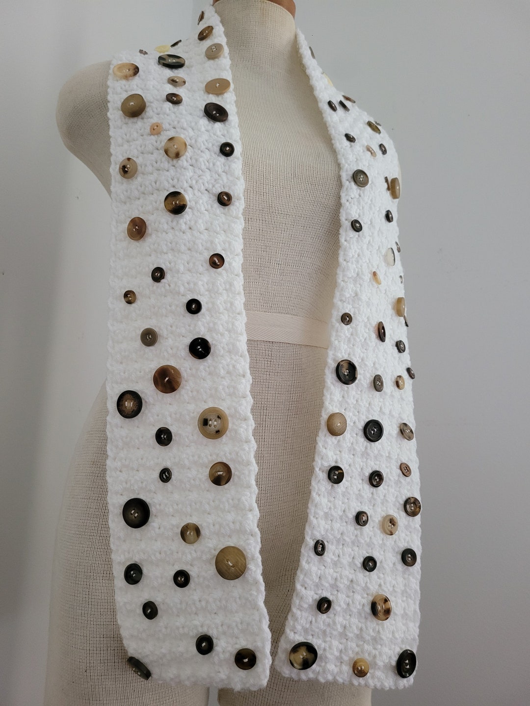 White Crochet Button Scarf - Etsy