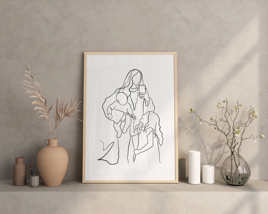 Mom and Children Line Art , New Mom Gift, Mother Line Drawing Print ...