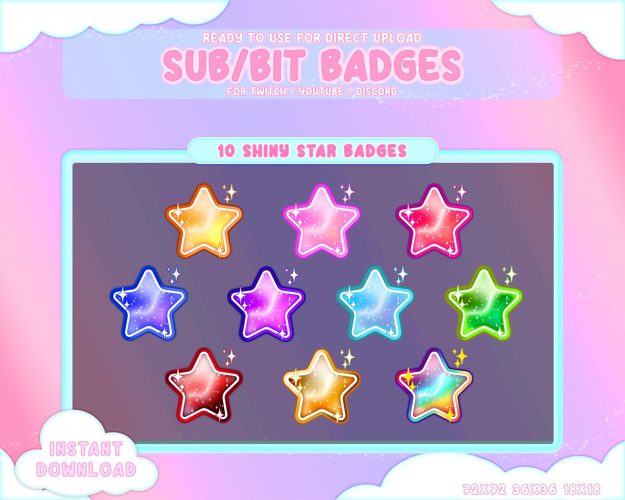 10 Shiny Star Twitch Sub Bit Badges / Colored Star / Sparkle / Star ...