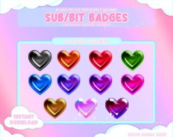 12x Heart Sub Bit Badges Twitch Graphic Bit Badges Glitter Heart Badges ...