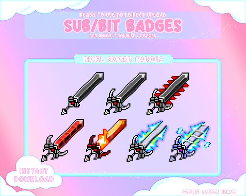 7 Pixel Sword Twitch Sub Badges | Sword Sub Badges | Emotes | Twitch ...