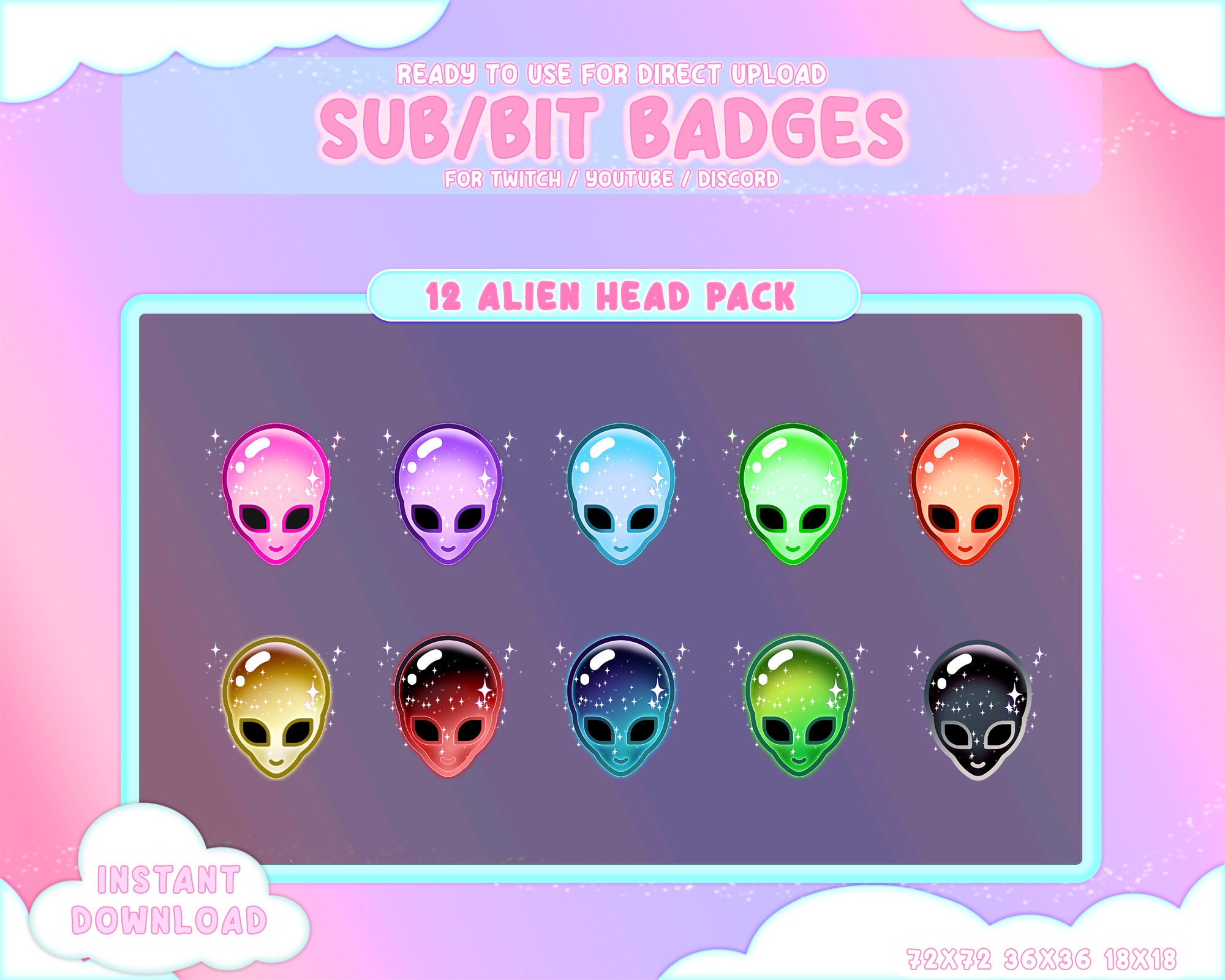 12 Alien Head Twitch Sub Bit Badges / Alien Sub Badge / Alien Head ...