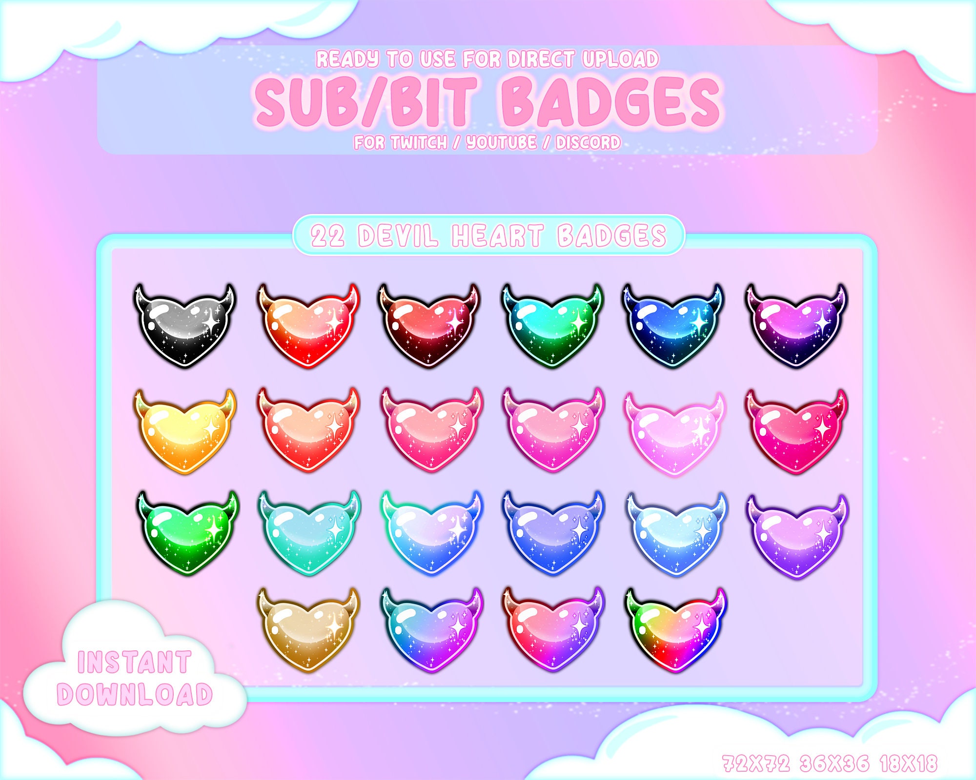 22 Twitch Sub/bit Badges Devil Heart Pack / Kawaii / Streamer / Shiny ...