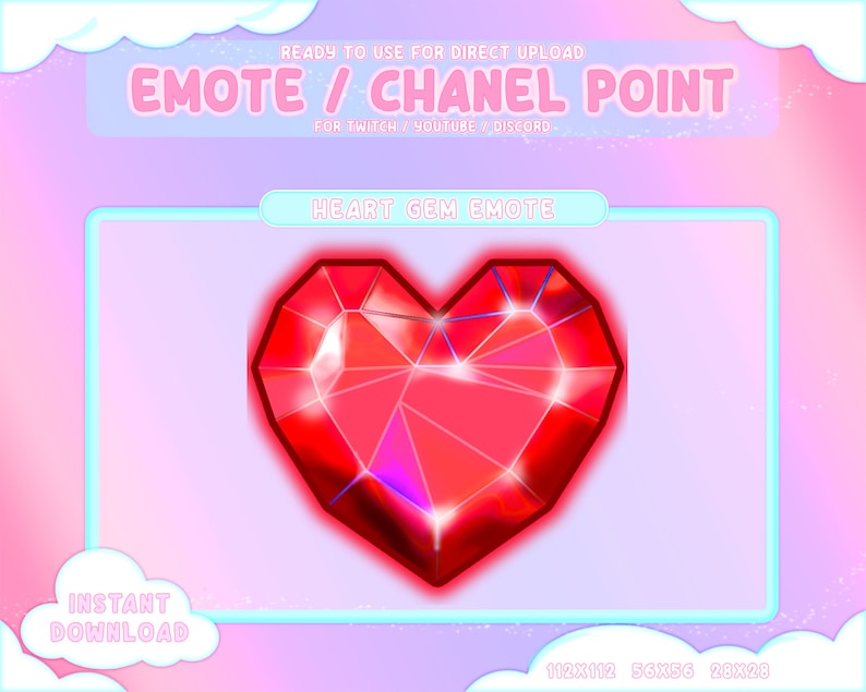 Red Heart Gem Twitch Coin Emotes / Channel Points / Cute Pastel ...