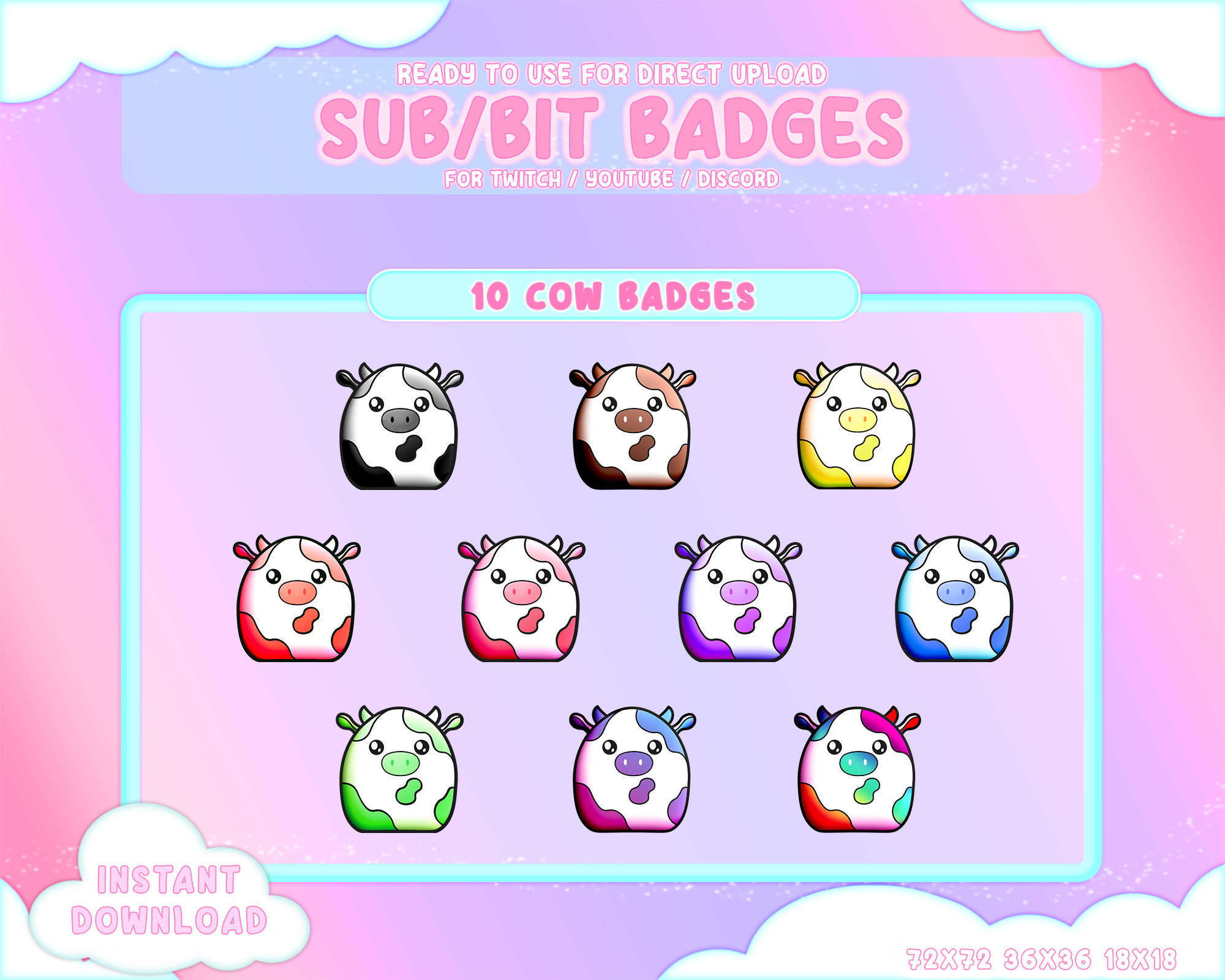 10 Cow Sub/bit Badges / Cow / Kawaii / Streamer / Cow Emote / Discord ...