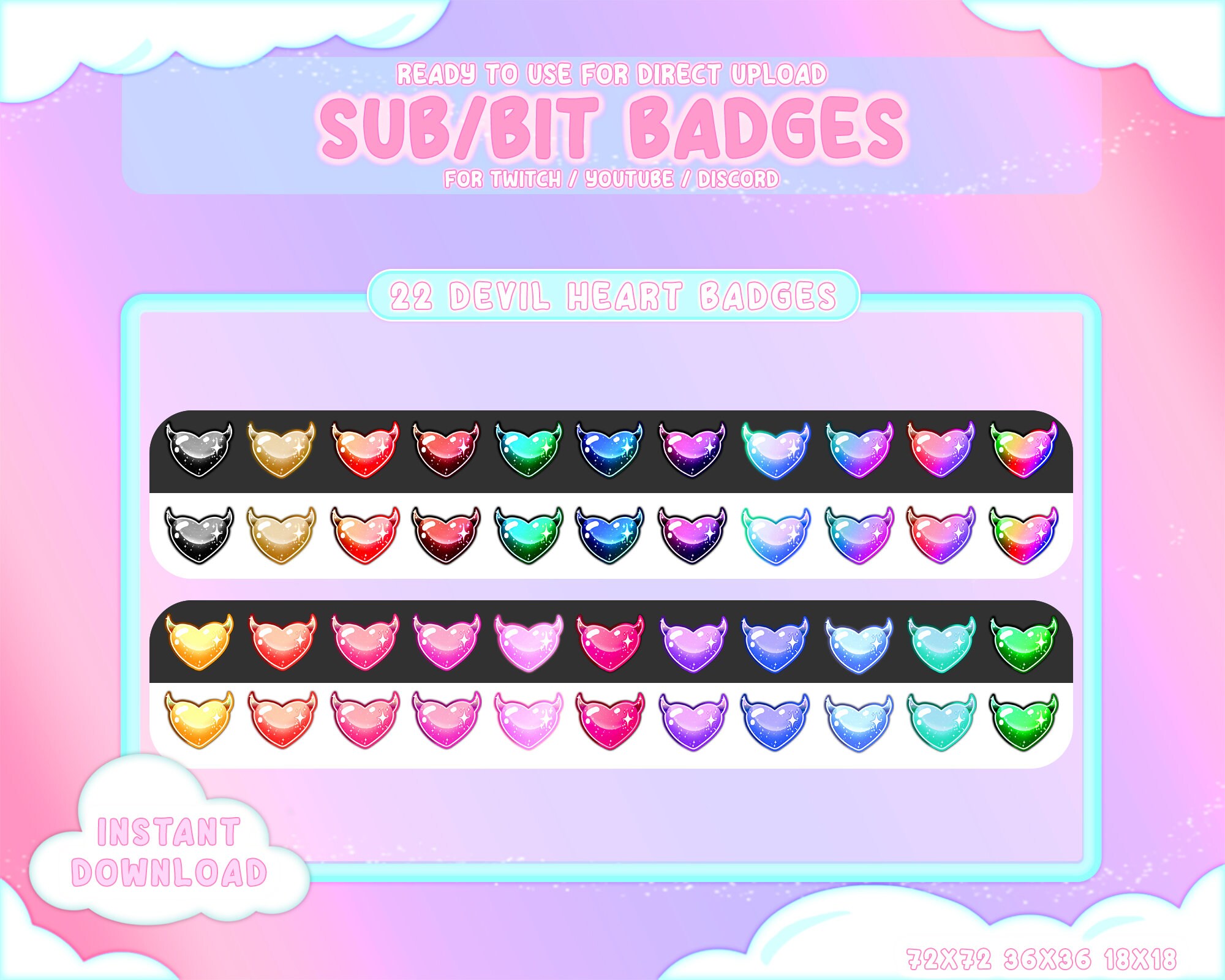 22 Twitch Sub/bit Badges Devil Heart Pack / Kawaii / Streamer / Shiny ...