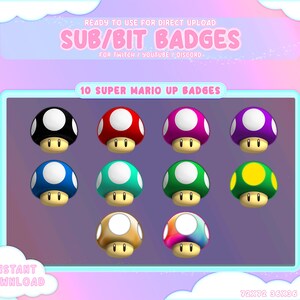 10 Twitch Sub Bit Badges Magic Mushroom Pack / Mario / Super Mario/ up ...