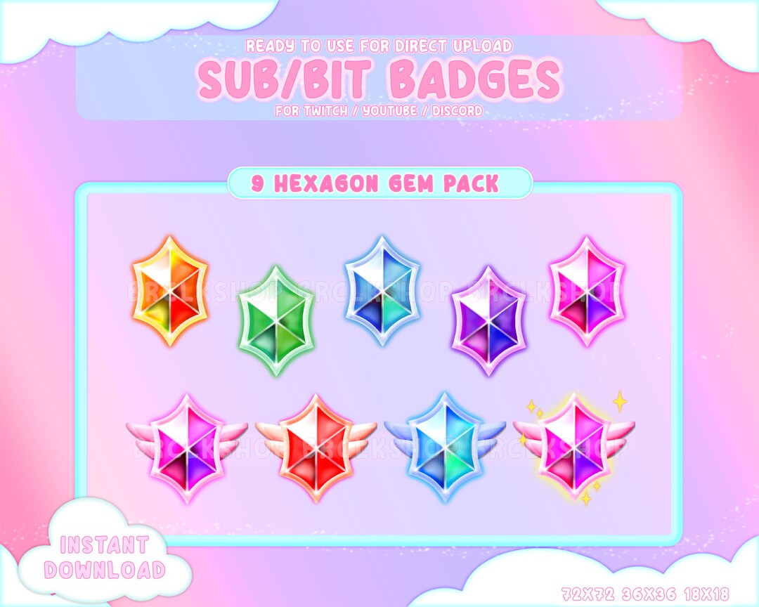 9 Twitch Sub Bit Badges Hexagon Gem Pack / Sub Badges/ Bit Badges/ Gem ...