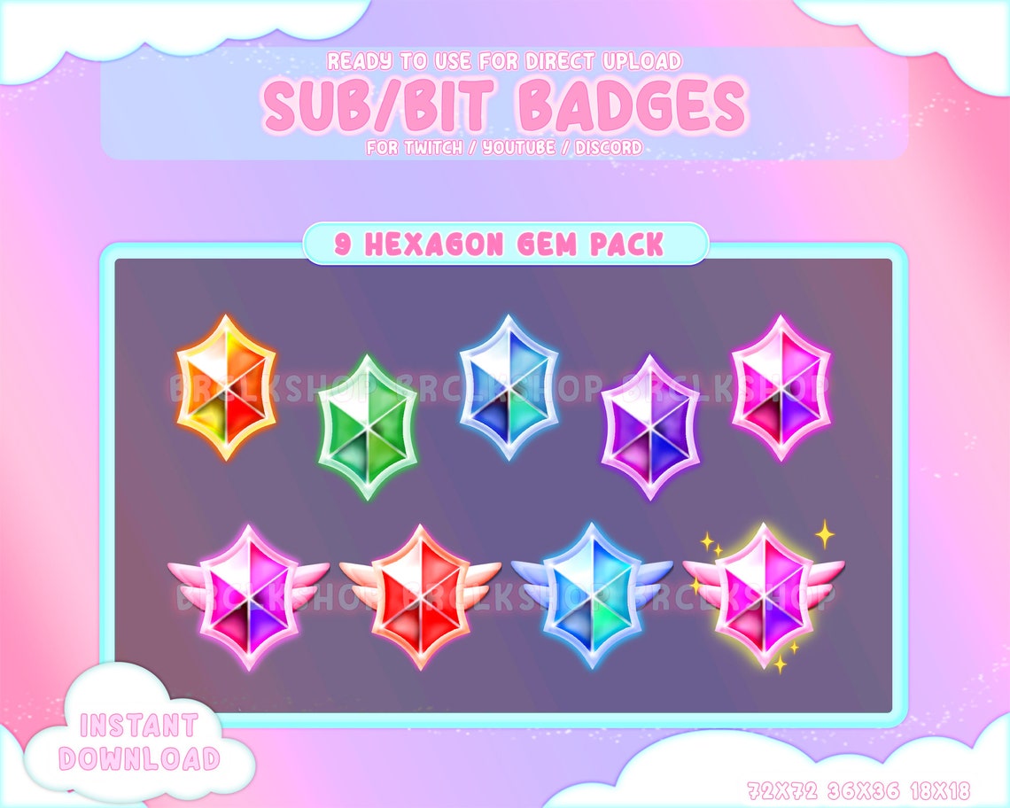 9 Twitch Sub Bit Badges Hexagon Gem Pack / Sub Badges/ Bit Badges/ Gem ...