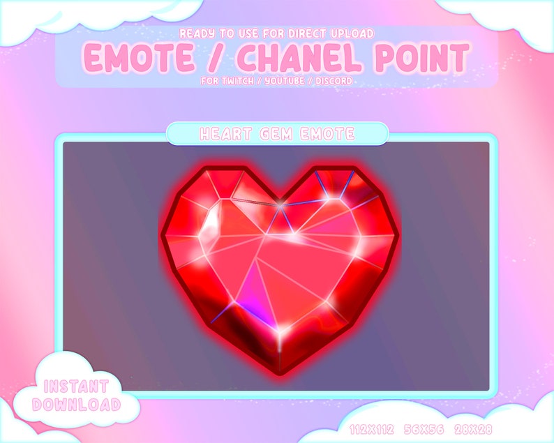 Red Heart Gem Twitch Coin Emotes / Channel Points / Cute Pastel ...