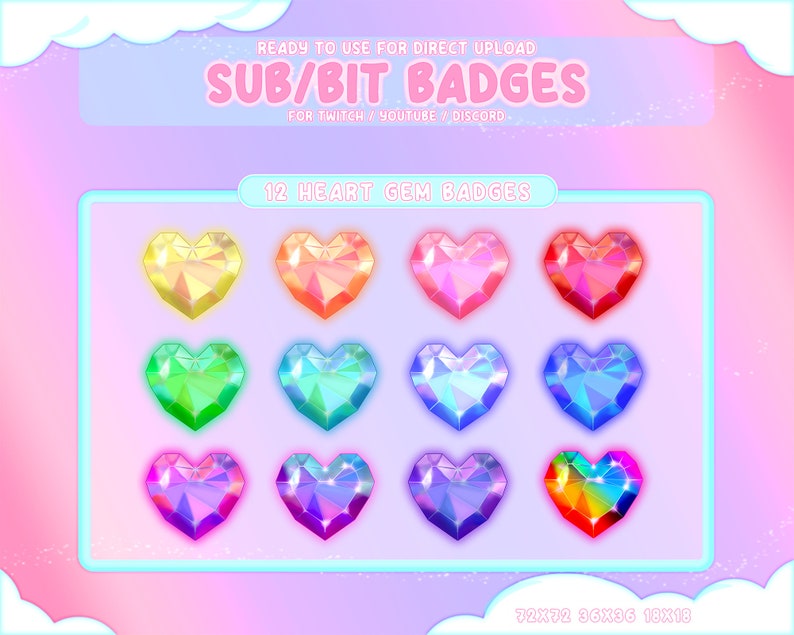 12 Twitch Sub Bit Badges Colored Crystal Heart Gem Pack - Etsy