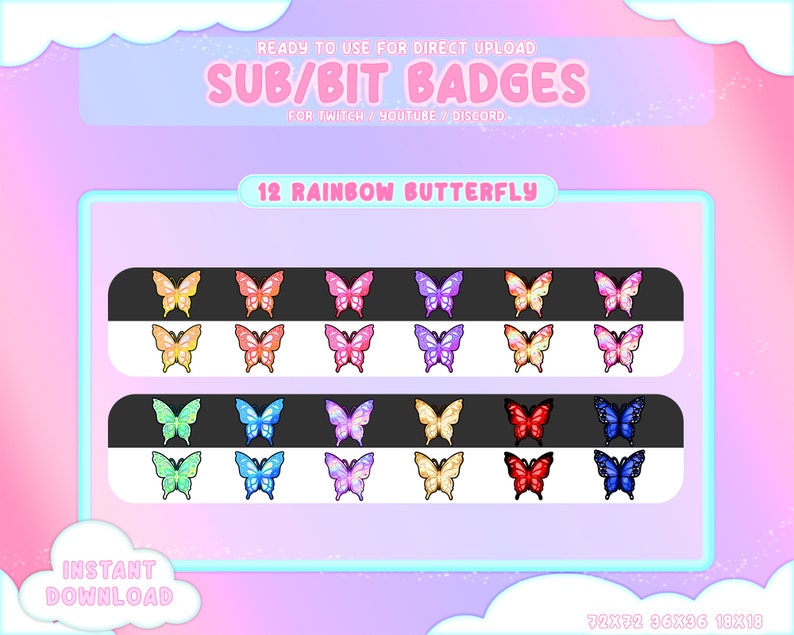 12 Twitch Sub Bit Badges Rainbow Butterfly Pack / Mariposa /streamer ...