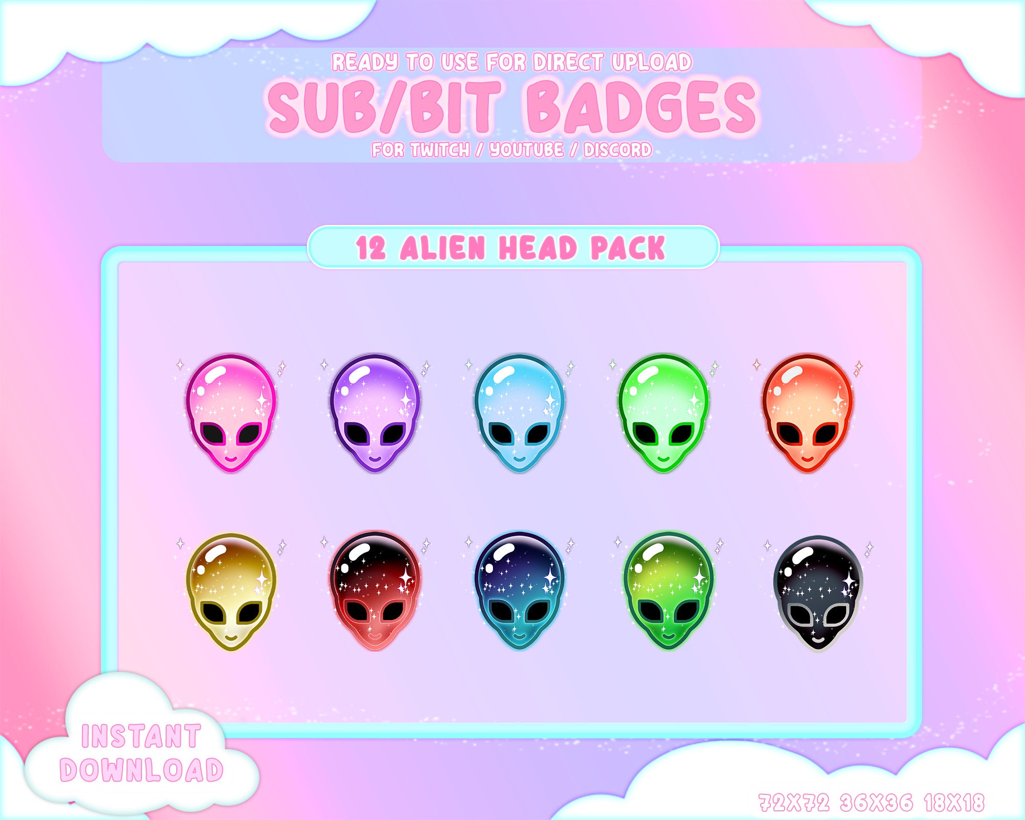 12 Alien Head Twitch Sub Bit Badges / Alien Sub Badge / Alien Head ...