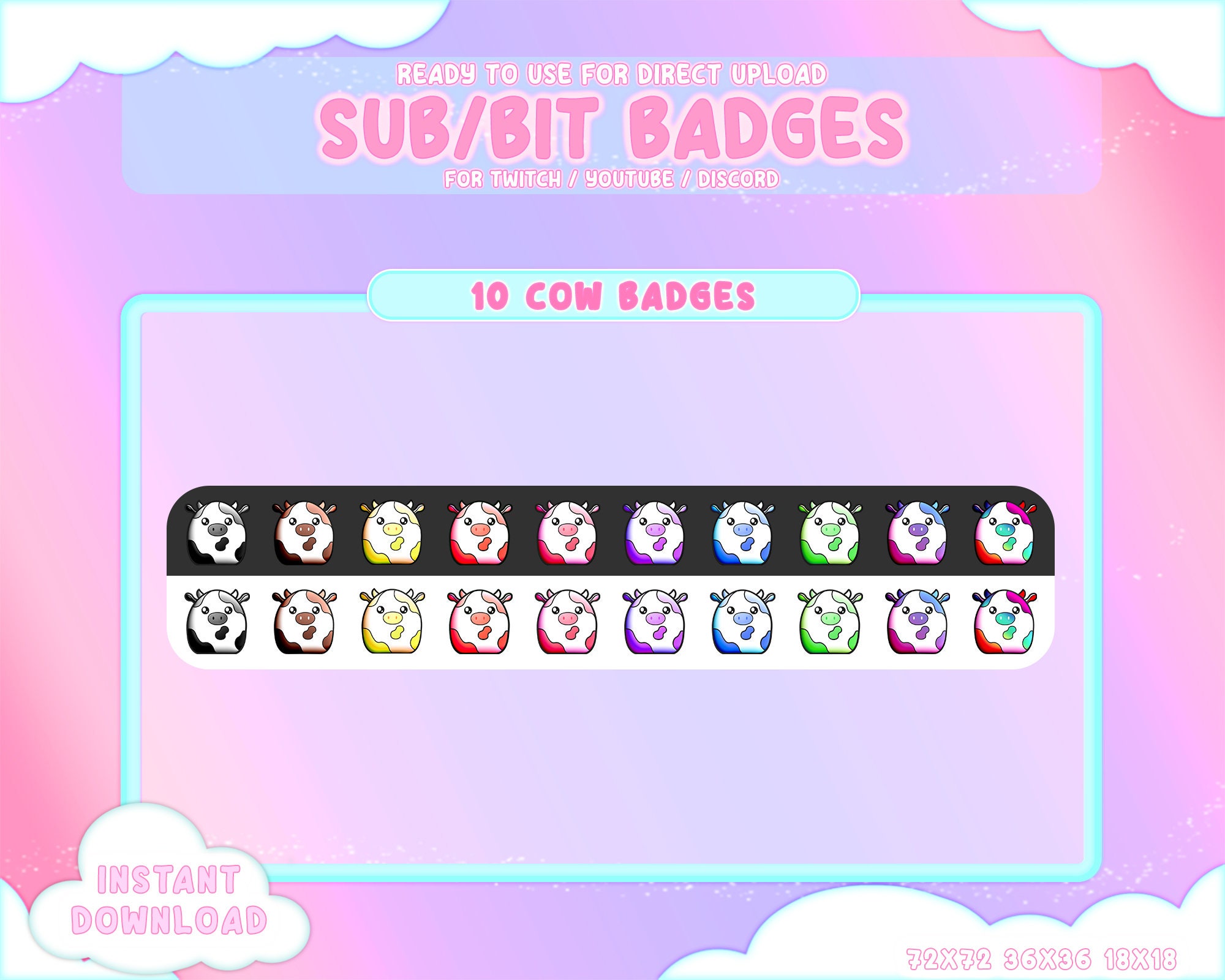 10 Cow Sub/bit Badges / Cow / Kawaii / Streamer / Cow Emote / Discord ...