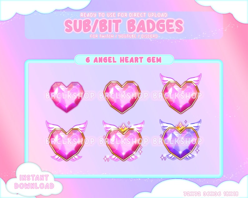 6 Angel Heart Gem Sub/bit Badges / Heartgem Collection / Kawaii ...
