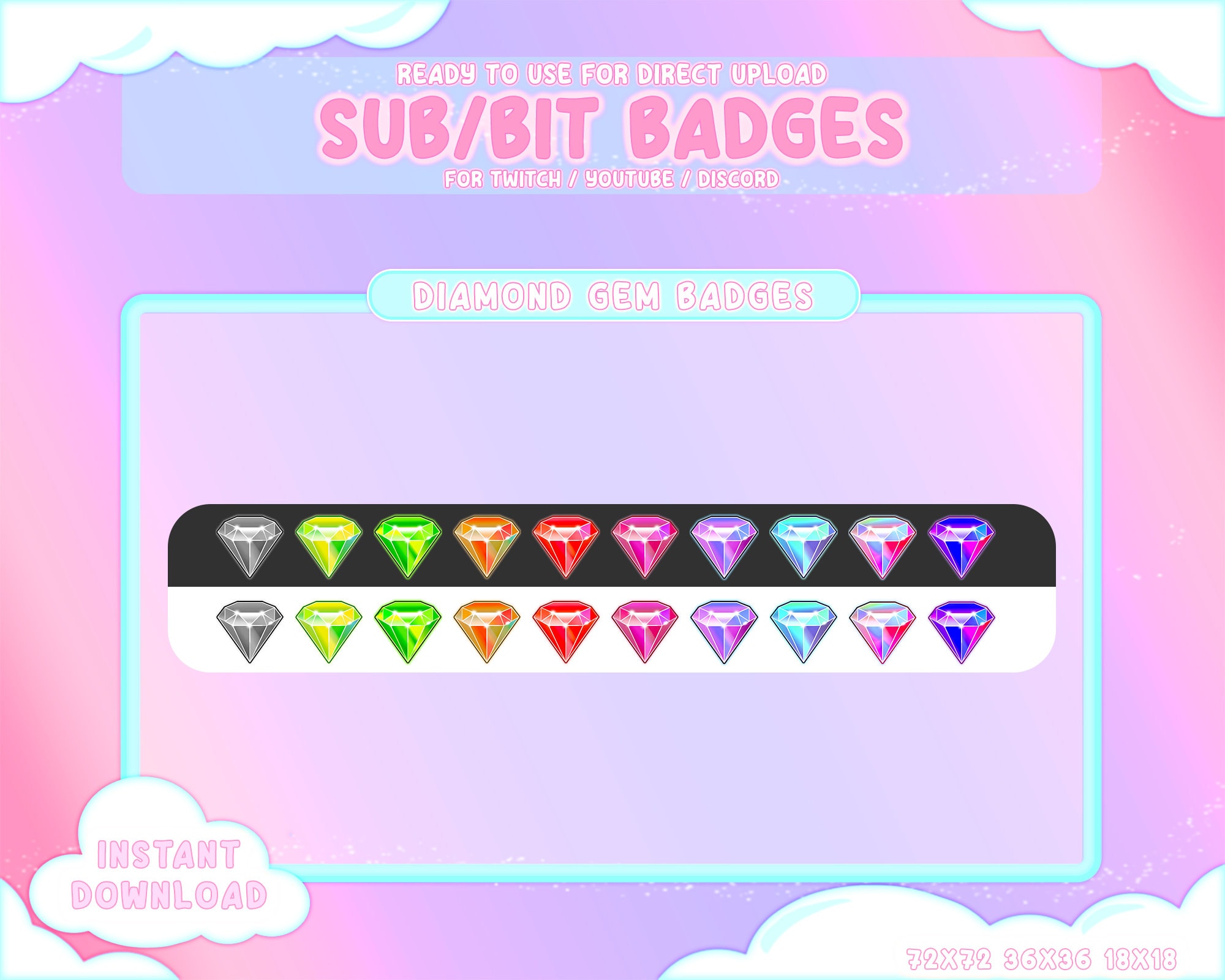 10 Twitch Sub/bit Badges Colored Crystal Diamond Gem Pack / Streamer ...