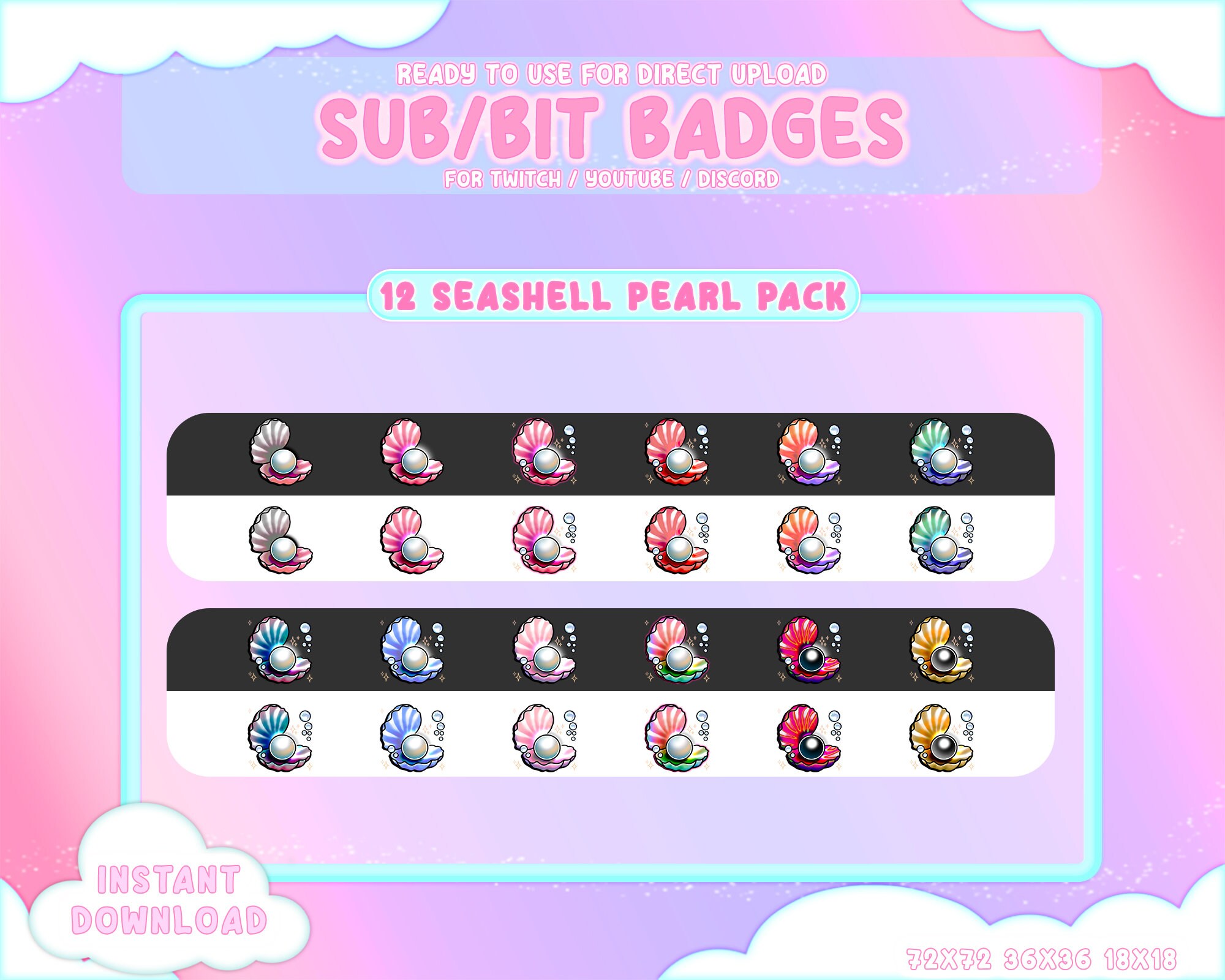 12 Twitch Sub Bit Badges Colored Seashell Pearl Pack / Sub Badges / Bit ...