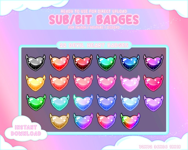22 Twitch Sub/bit Badges Devil Heart Pack / Kawaii / Streamer / Shiny ...
