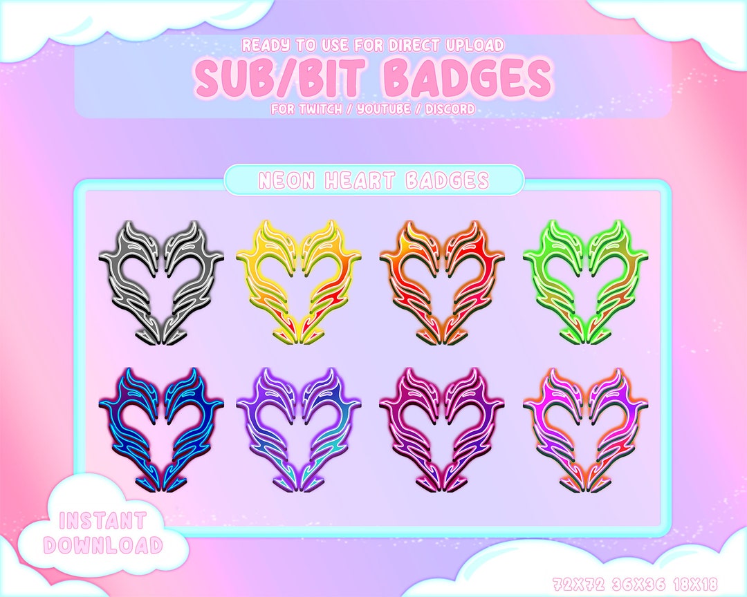 7 Twitch Sub Bit Badges Colored Neon Heart Pack - Etsy