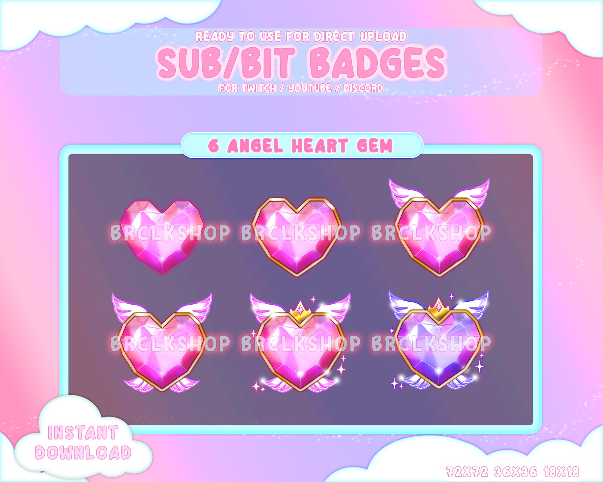 6 Angel Heart Gem Sub/bit Badges / Heartgem Collection / Kawaii ...