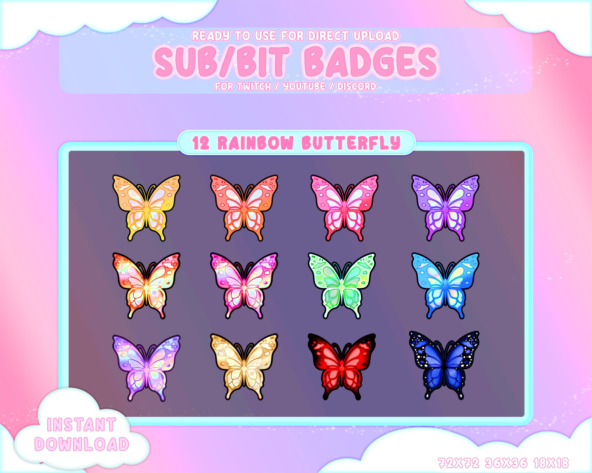 12 Twitch Sub Bit Badges Rainbow Butterfly Pack / Mariposa /streamer ...