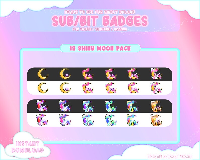 12 Shiny Moon Twitch Sub Bit Badges / Colored Shiny Moon / Colored Moon ...