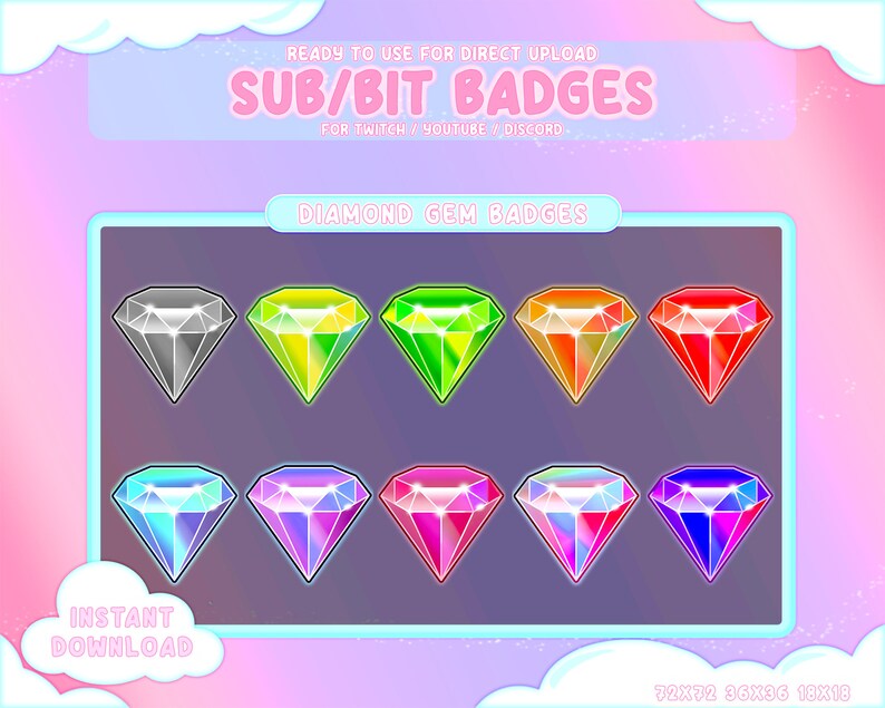 10 Twitch Sub/bit Badges Colored Crystal Diamond Gem Pack / Streamer ...