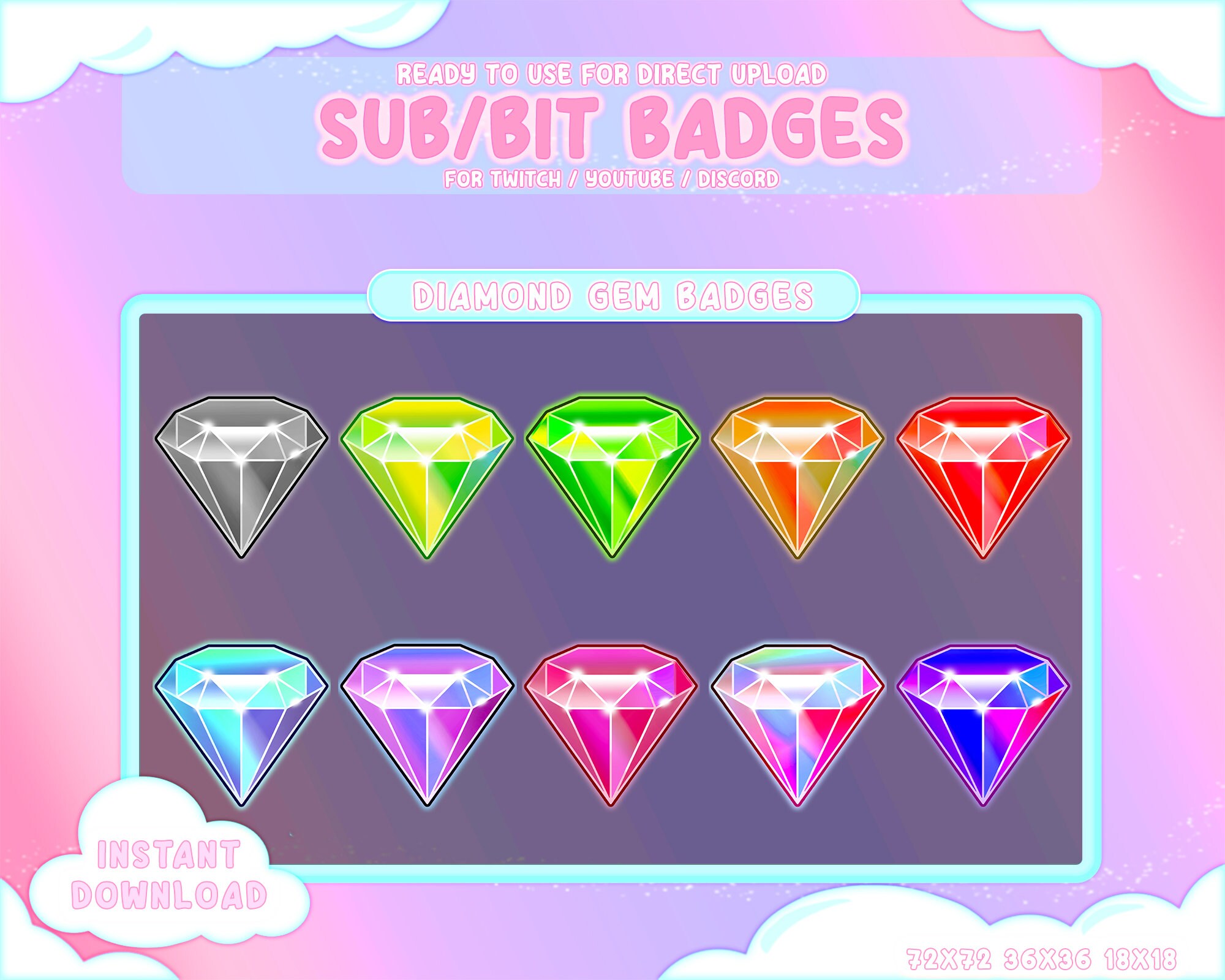 10 Twitch Sub/bit Badges Colored Crystal Diamond Gem Pack / Streamer ...