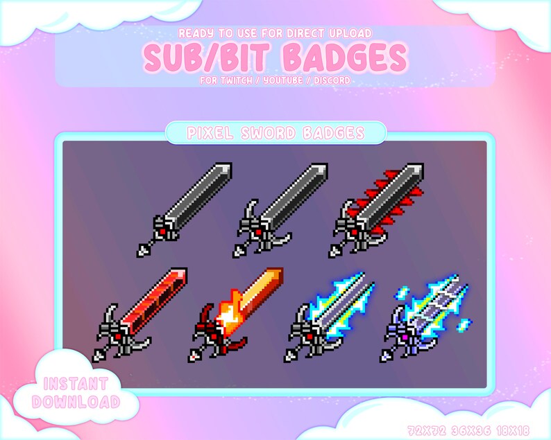 7 Pixel Sword Twitch Sub Badges | Sword Sub Badges | Emotes | Twitch ...