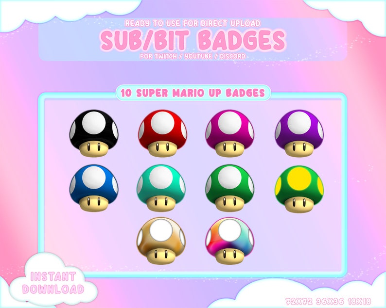10 Twitch Sub Bit Badges Magic Mushroom Pack / Mario / Super Mario/ up ...