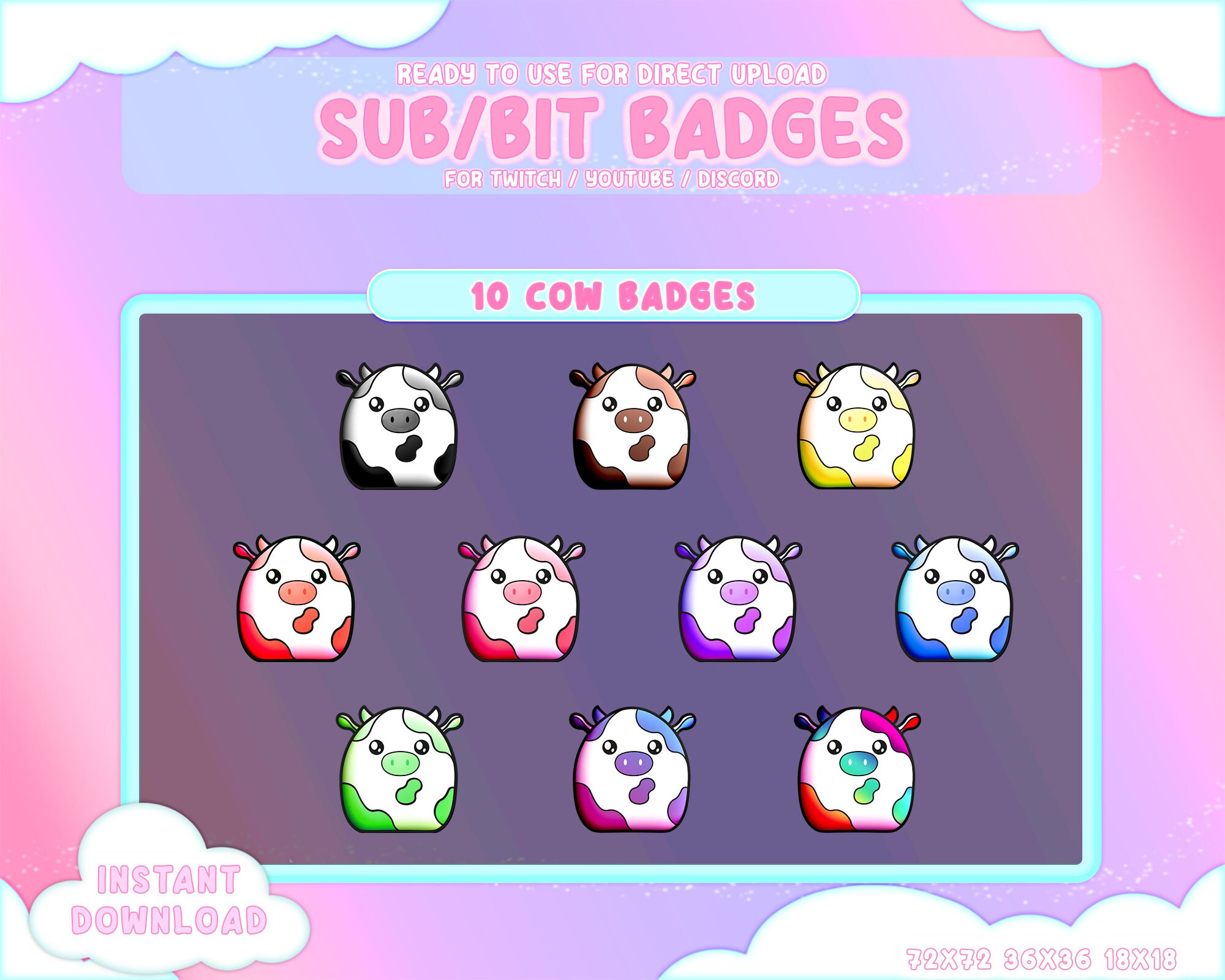 10 Cow Sub/bit Badges / Cow / Kawaii / Streamer / Cow Emote / Discord ...
