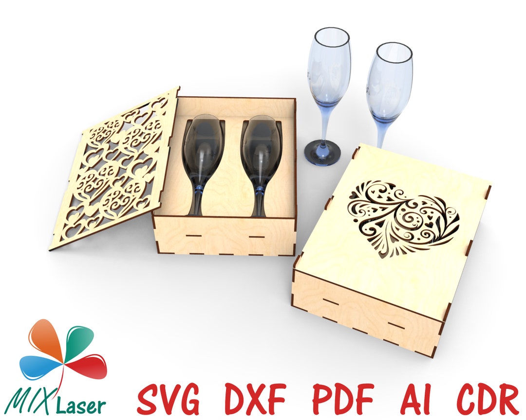 Laser Files Wine Glass Gift Box / Champagne Glass Box. Wine Glass Gift Box Vector CNC DXF Files ...